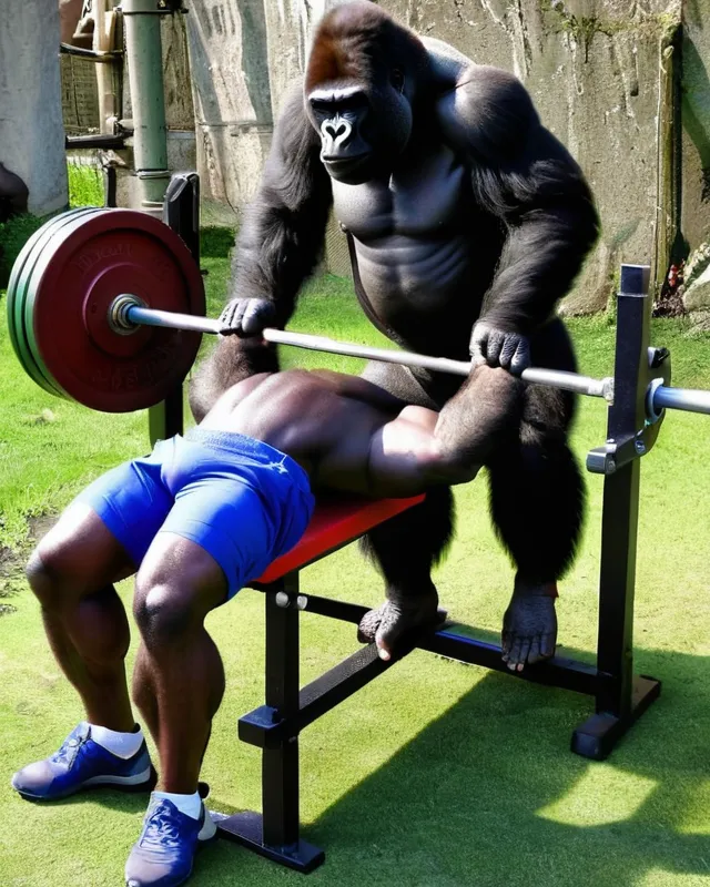 Gorilla bench pressing AI Photo Generator starryai