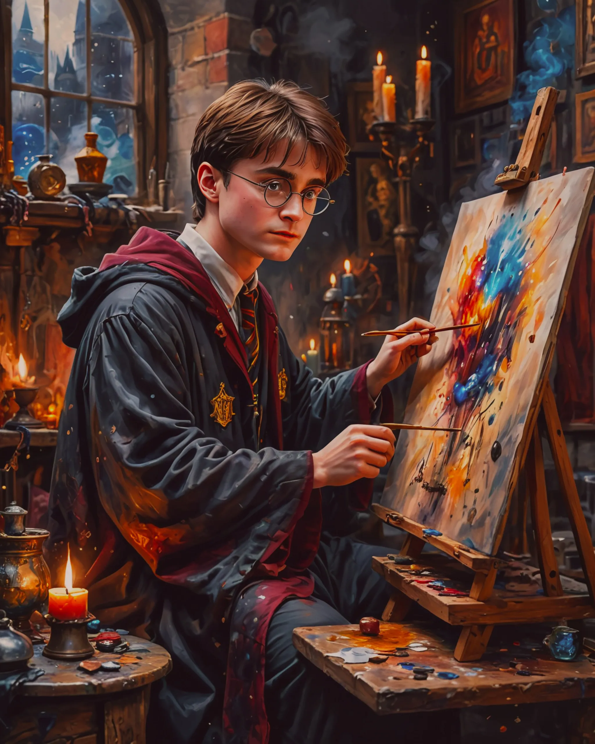 Harry Potter painting a portrait AI Photo Generator starryai